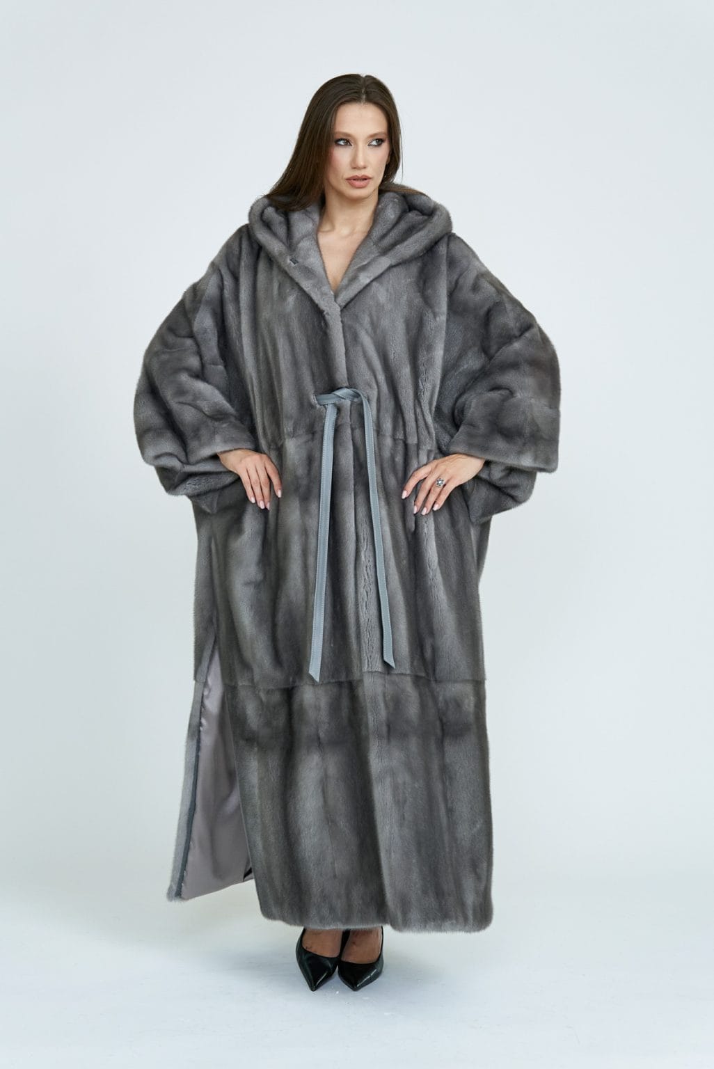 Blue Iris Vertical Mink Hooded Coat with Belt - Casa de blanuri MG
